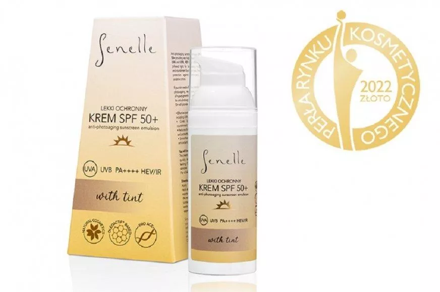 Lekki ochronny krem Senelle SPF 50+ UVA UVB PA++++ HEV/IR ze złotą ...